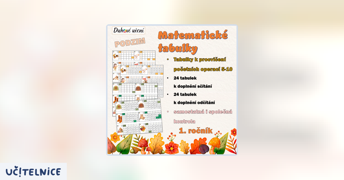 Matematické tabulky pro prvňáčky s podzimními obrázky | Učitelnice