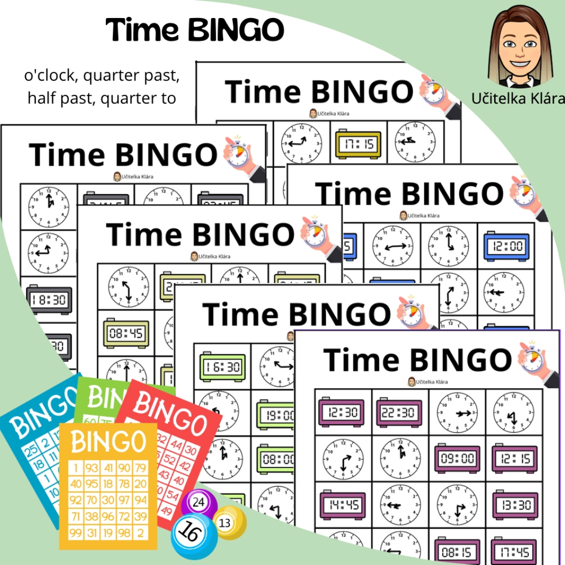 Time BINGO - o'clock, quarter past, half past, quarter to | Učitelnice