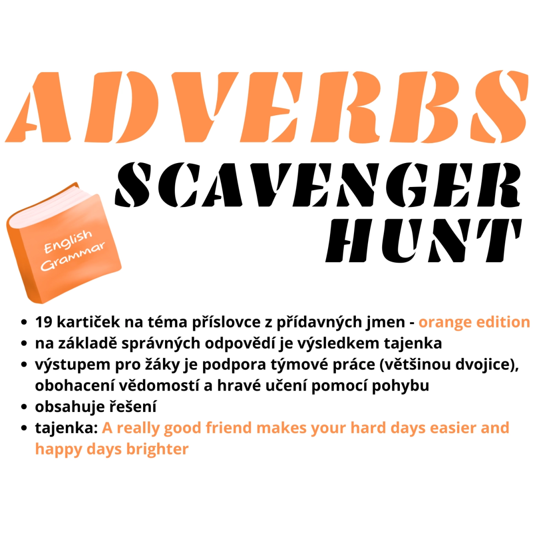 Adverbs from adjectives Scavenger hunt - orange edition | Učitelnice