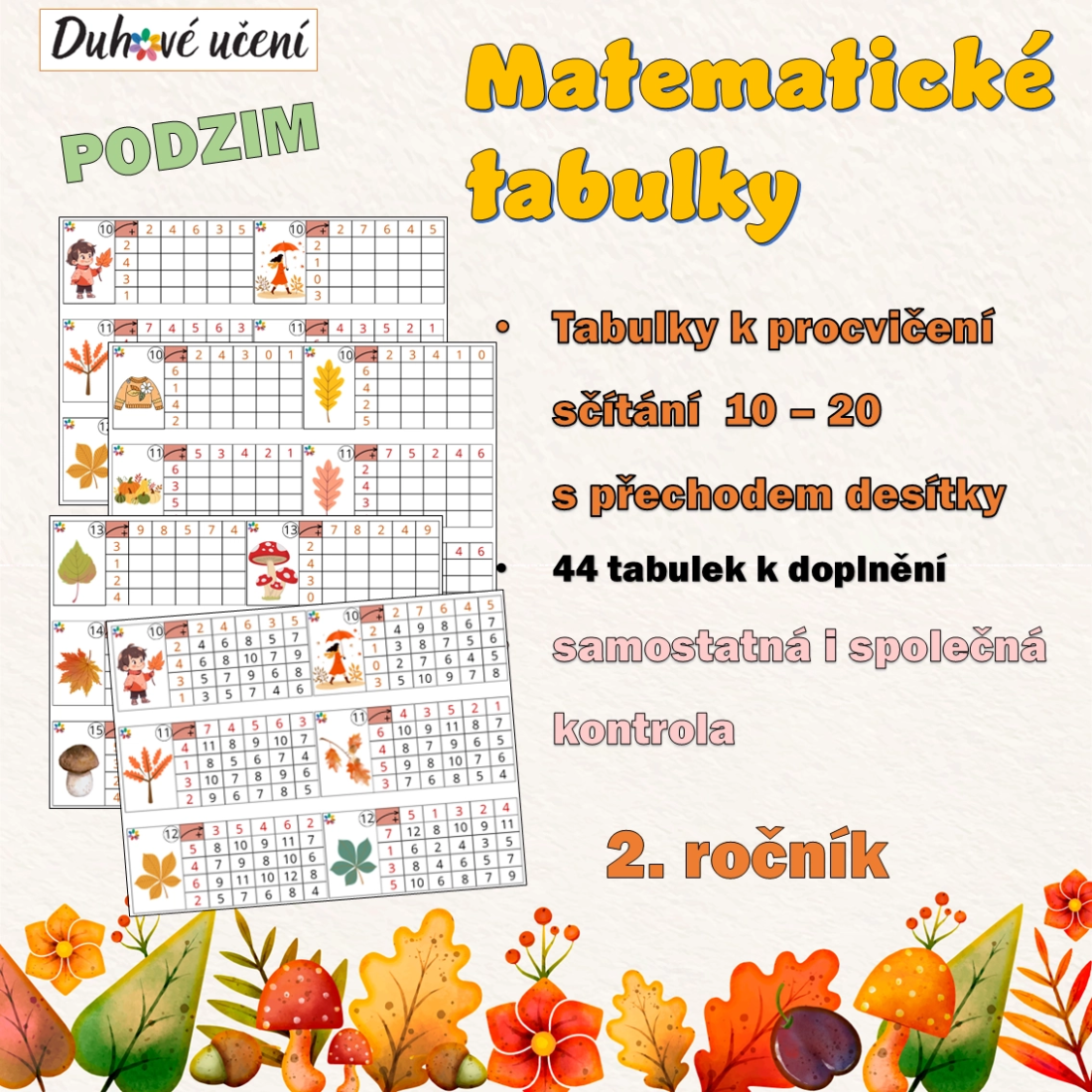 Matematické tabulky pro druháčky s podzimními obrázky | Učitelnice