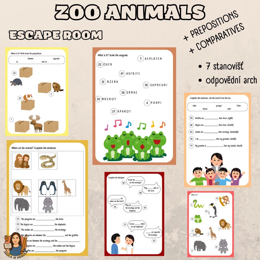 ZOO animals, prepositions, comparatives - escape room | Učitelnice