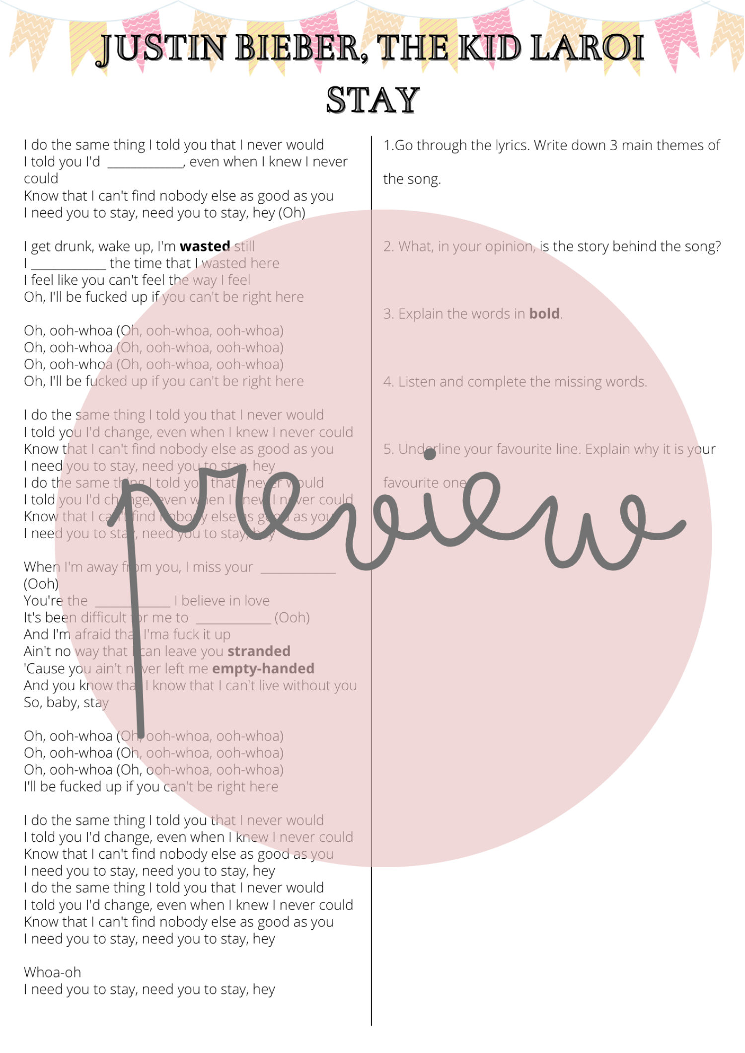 Learning through Popular songs | Set of Worksheets | Developing ...