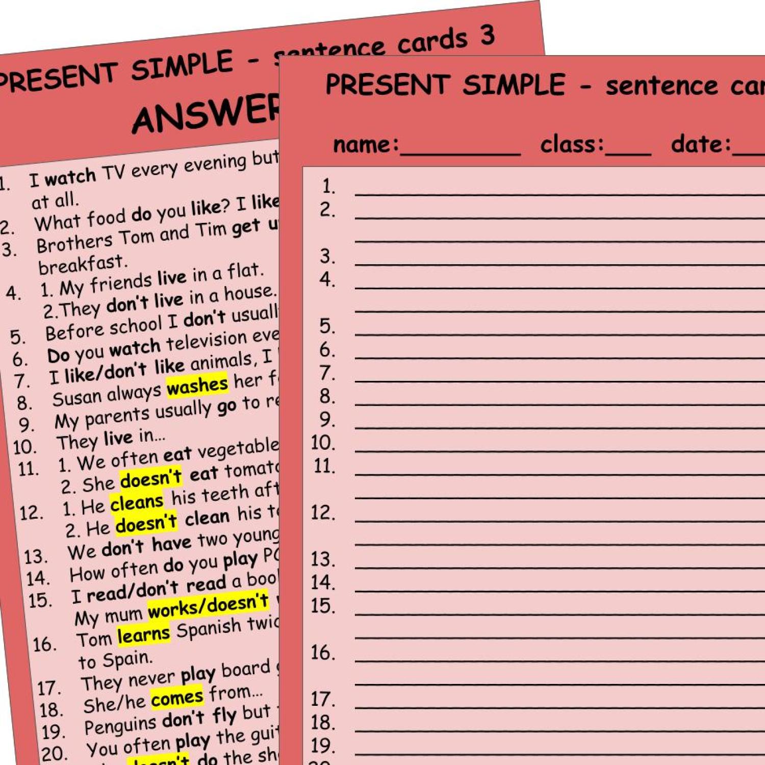 PRESENT SIMPLE - sentence cards 3 | Učitelnice